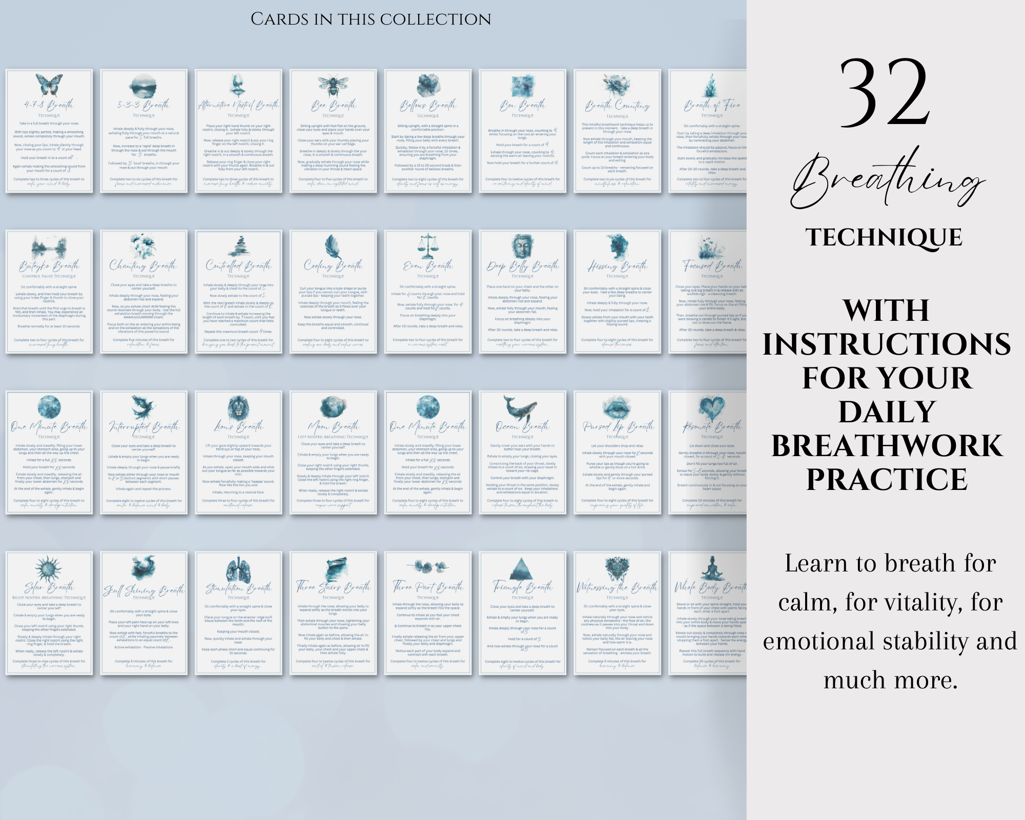32 Breathing Cards, Mindful Breathwork Calming Techniques, Printable B ...
