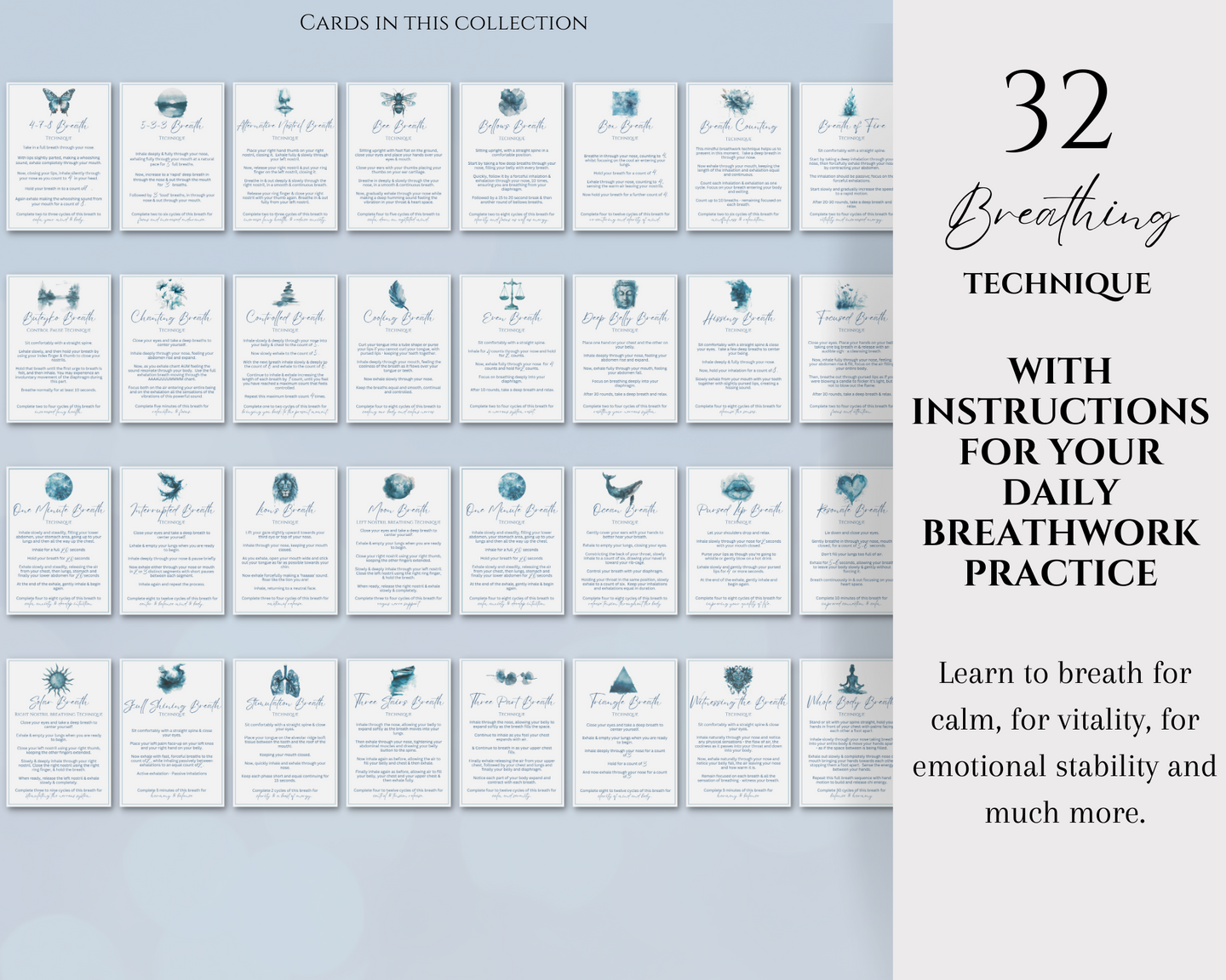 32 Breathing Cards, Mindful Breathwork Calming Techniques, Printable B ...