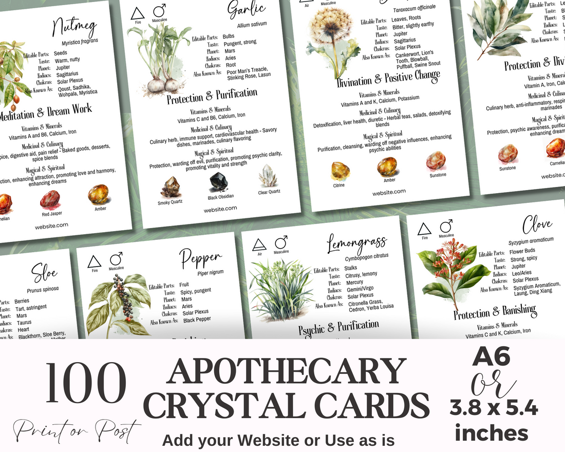 100 Herb & Spice Crystal Cards, Apothecary Herb Meaning Cards ...