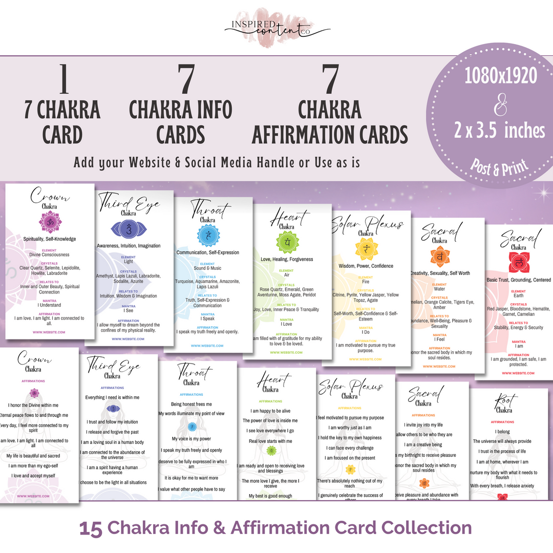15 Chakra Info & Affirmation Cards - Printable Chakra Card Set, Canva ...