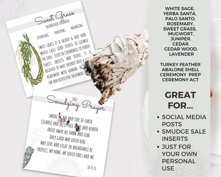 10 Smudging Cards & Smudge Prayer Cards includes Smudging Instructions ...