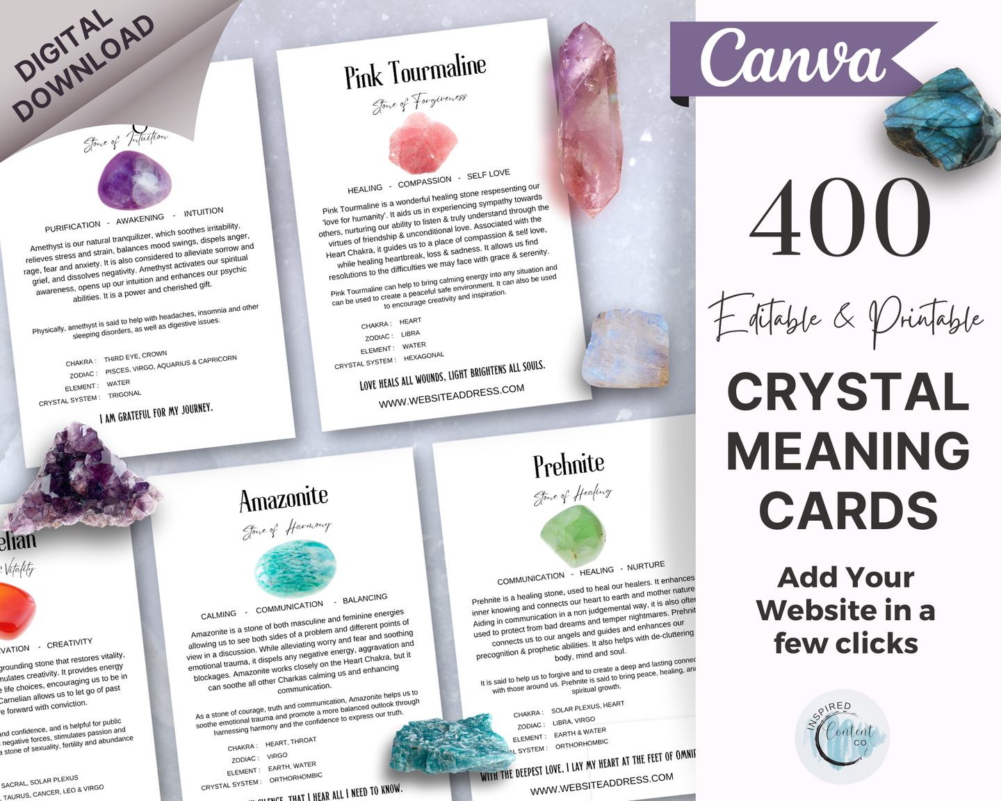 400 Editable Crystal Meaning Cards – Inspired Content Co