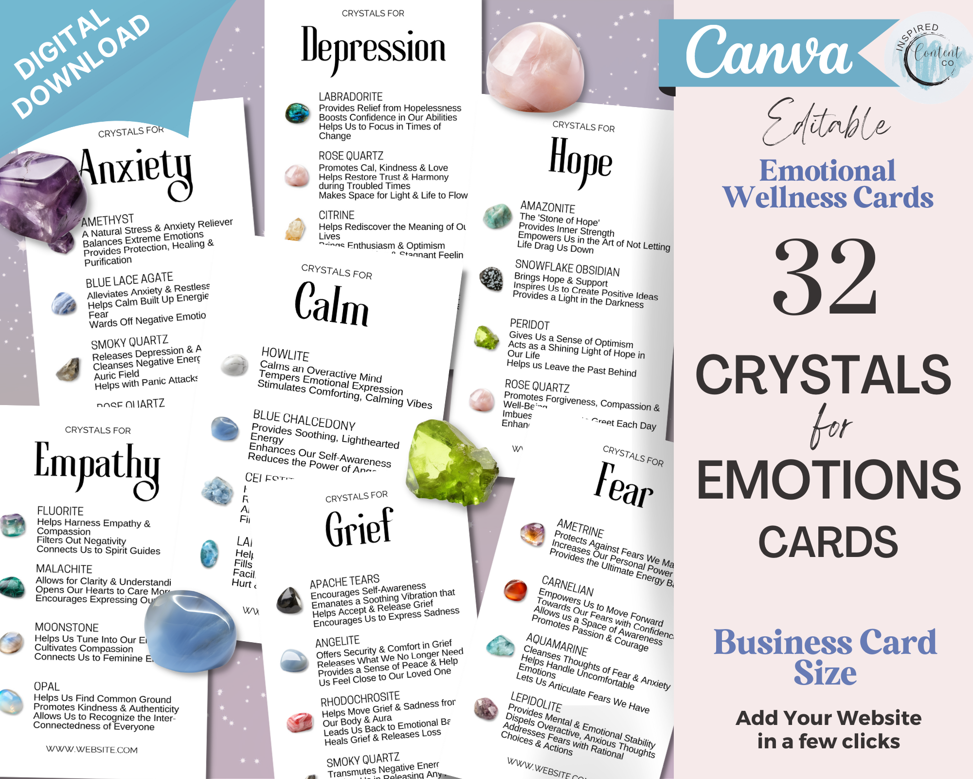 32 Healing Crystal Cards, Crystal Kit Cards, Editable Emotional Healin ...