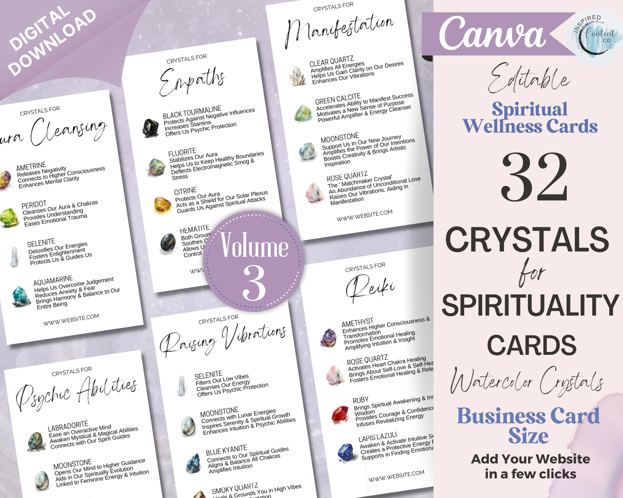 32 Crystals for Spirituality Cards, Editable Crystal Kit Cards Set Bus ...