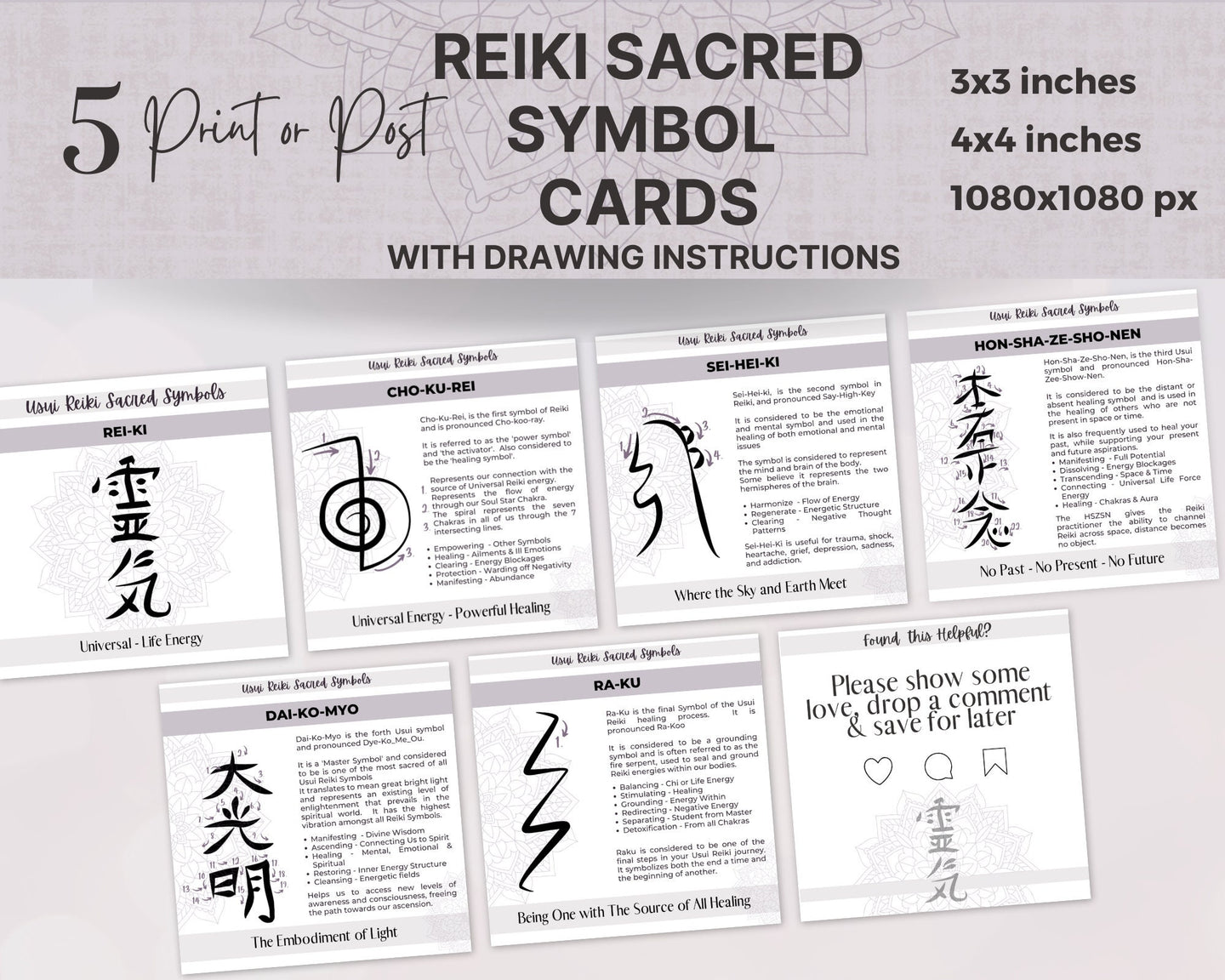 5 Reiki Symbols Cards, Usui Reiki Symbols, Editable Reiki Symbol Cards ...