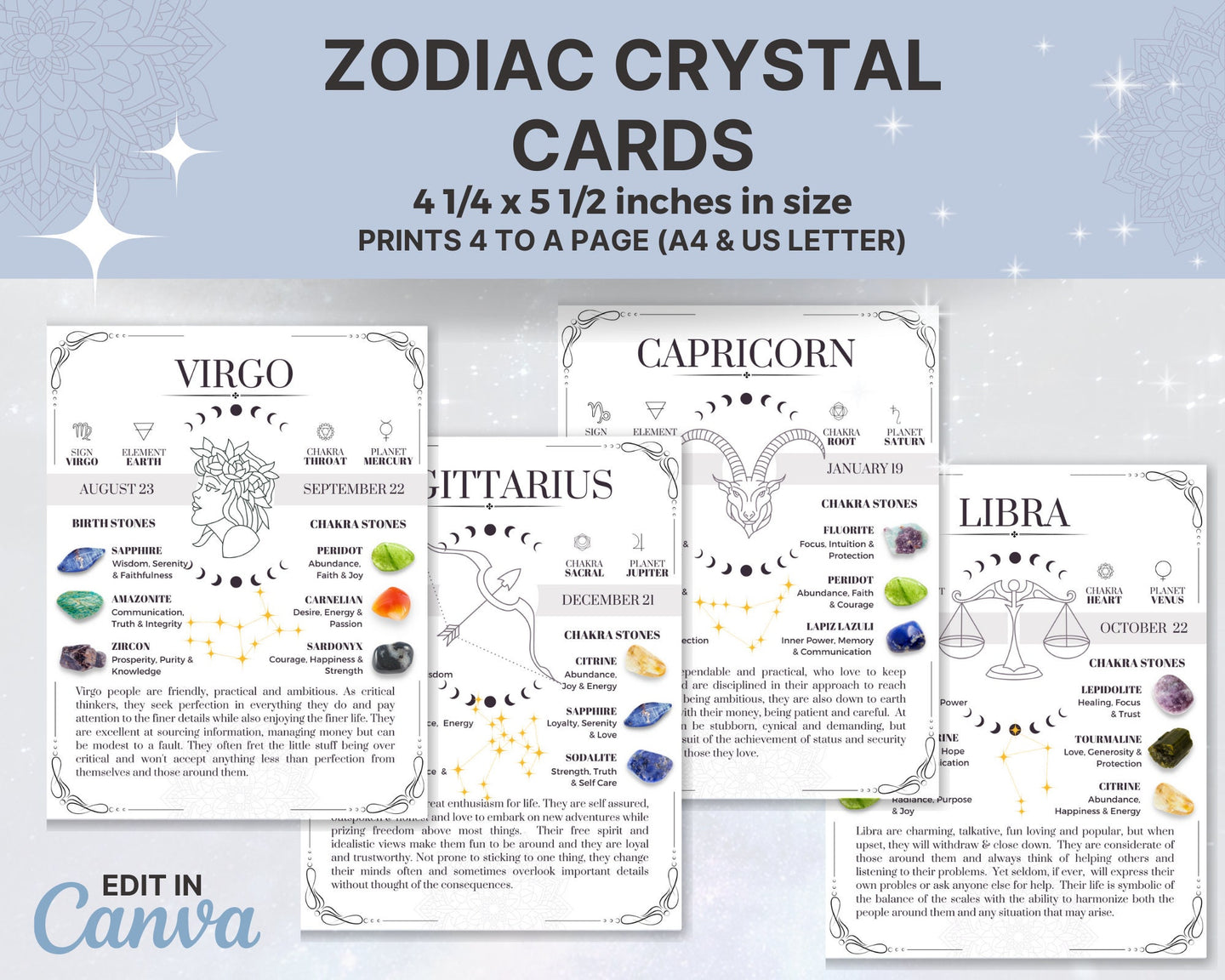 Zodiac Crystal Cards, Set of 12 Fully Editable & Printable Astrology C ...