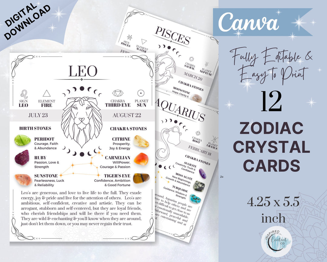 Zodiac Crystal Cards, Set of 12 Fully Editable & Printable Astrology C ...
