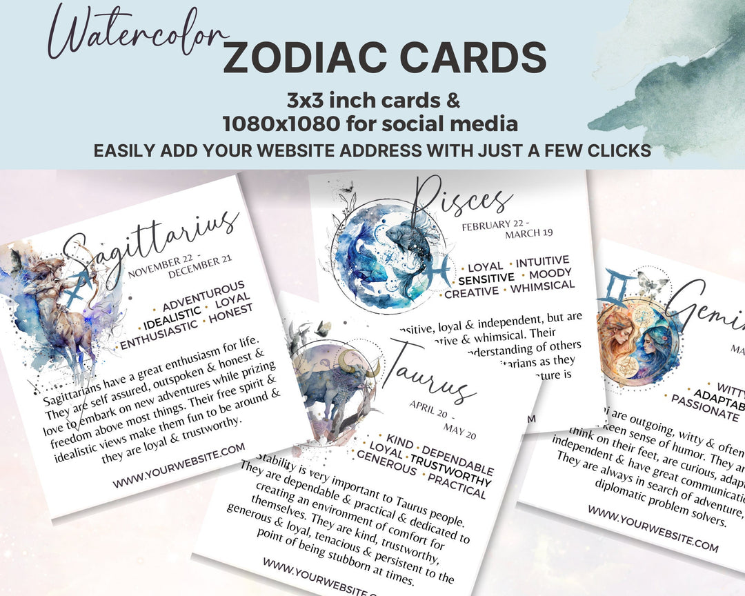 Zodiac Printable Cards - 12 Watercolor Horoscope Art Cards Template in ...
