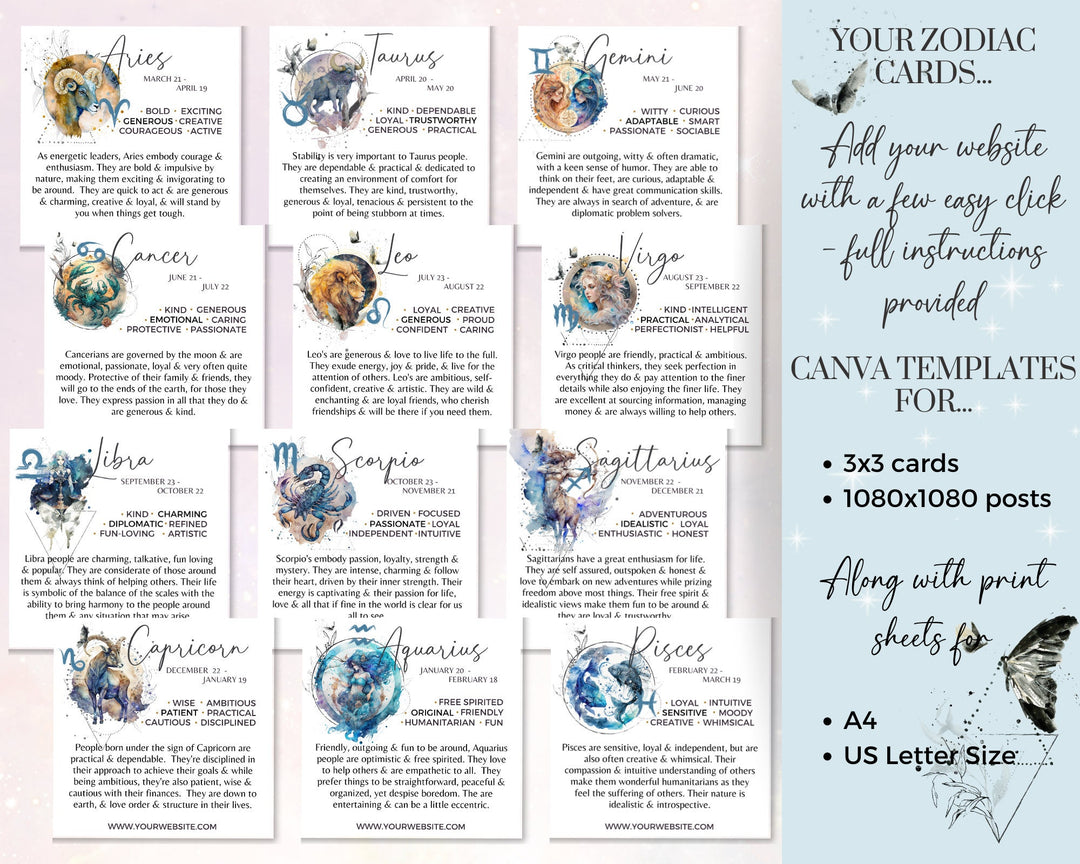 Zodiac Printable Cards - 12 Watercolor Horoscope Art Cards Template in ...