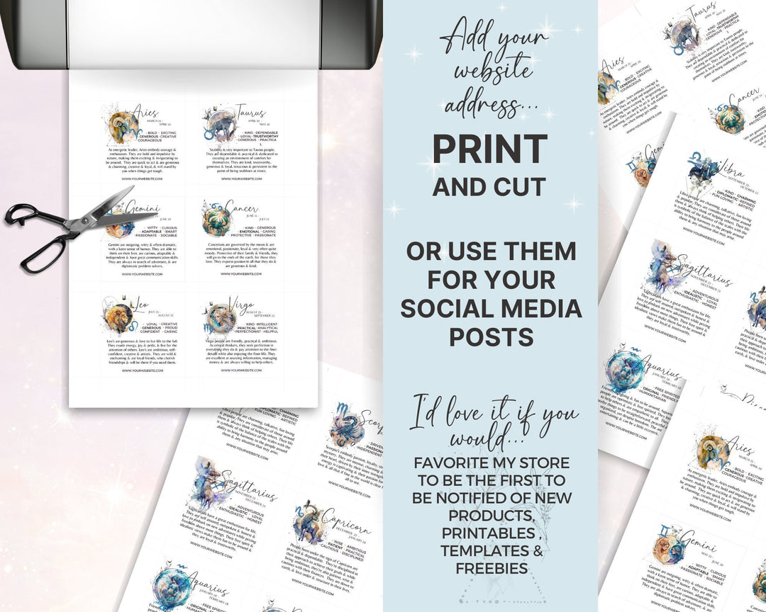 Zodiac Printable Cards - 12 Watercolor Horoscope Art Cards Template in ...