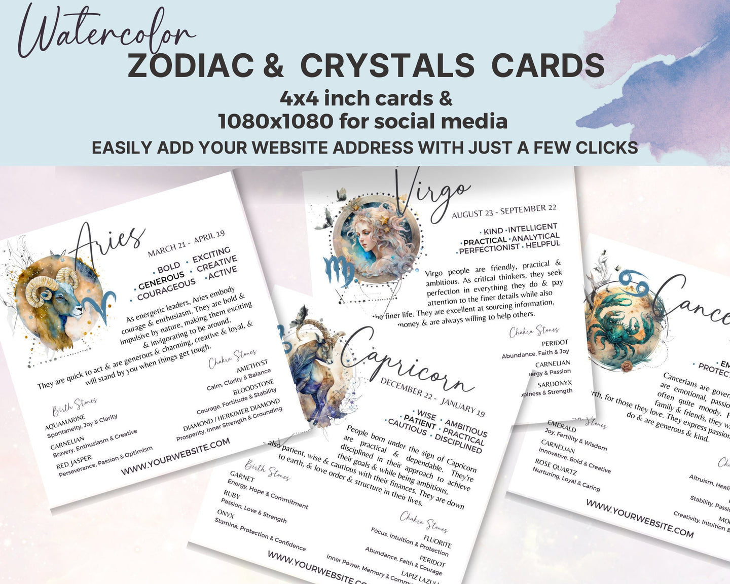 Printable Zodiac Crystals Cards- 12 Watercolor Art Horoscope & Crystal ...