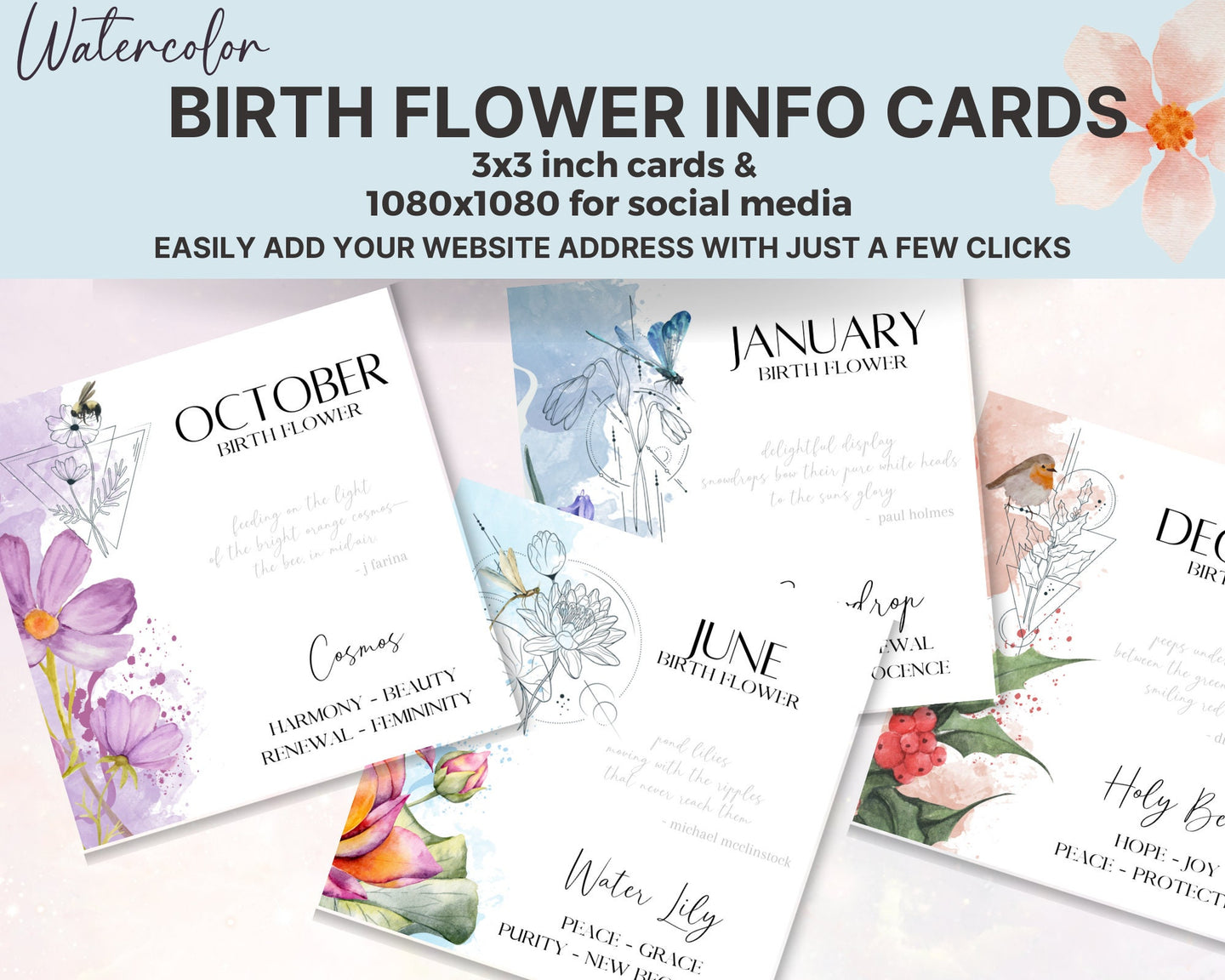 Birth Flower Cards - Watercolor Birth Flower Meaning Cards – Inspired ...