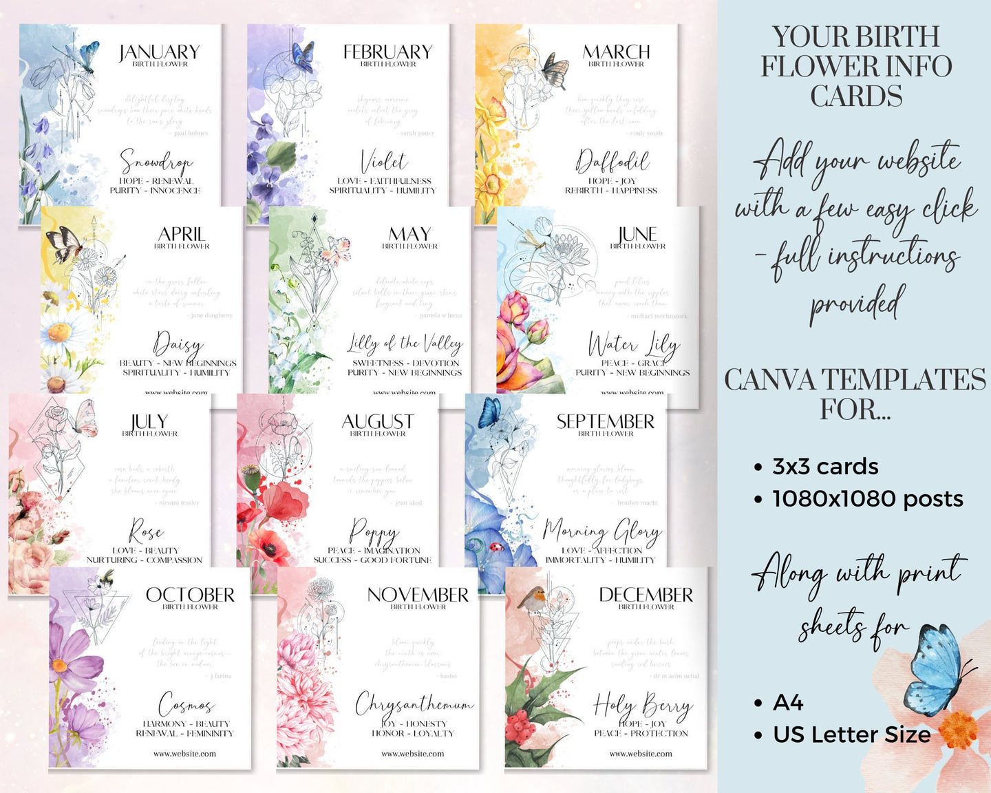 Birth Flower Cards - Watercolor Birth Flower Meaning Cards – Inspired ...